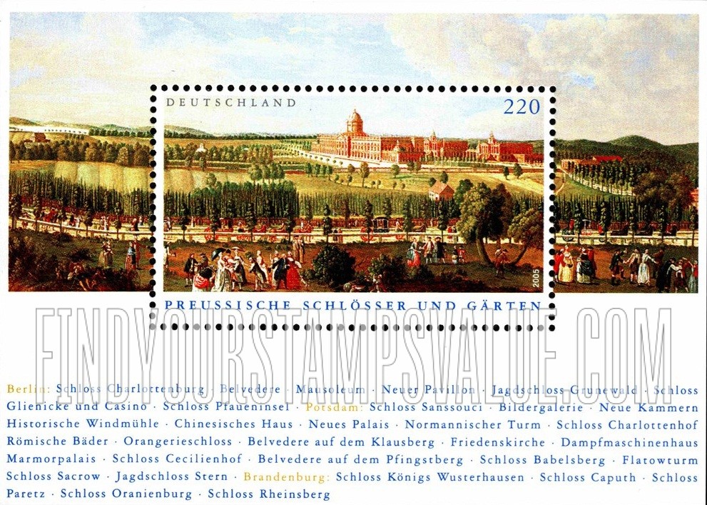 Prussian Castles and Gardens 220c Multicolored stamp price, value